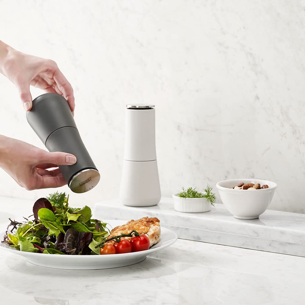 Joseph Joseph Milltop Salt and Pepper Grinder Set with Adjustable Grind Size Coarseness, Dark Gray/White, 2-piece