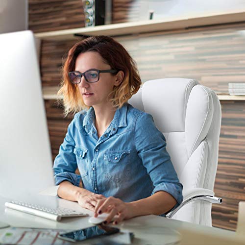 Ergonomic Office Chair Cheap Desk Chair PU Leather Computer Chair Executive Adjustable High Back PU Leather Task Rolling Swivel Chair with Lumbar Support for Women Men, White