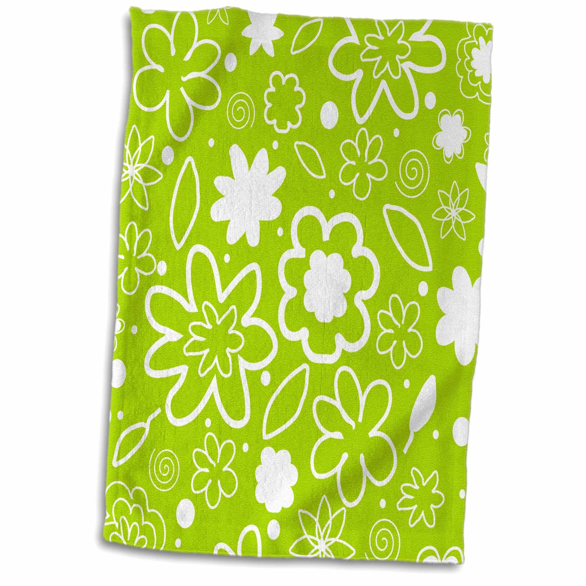 3D Rose Lime Green Modern Floral Print-White Pattern Contemporary Nature Summer Flowers and Leaves Hand/Sports Towel, 15 x 22