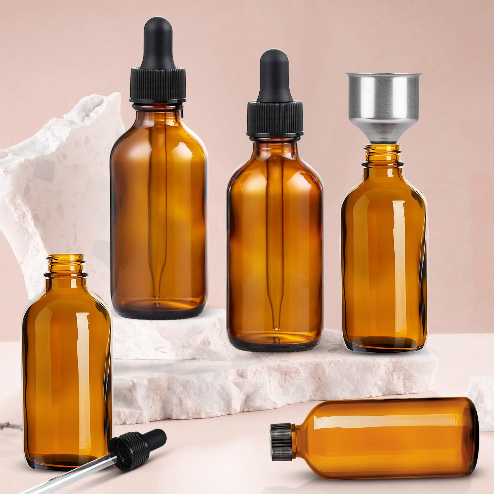 6Pcs 2 oz Dark Amber Dropper Bottles, 60ml Glass Tincture Bottles with Dropper, 1 Funnels, 2 Nozzles, 1 Long Plastic Dropper, 2 Bottle Caps, 2 Labels, Eye Dropper Bottle for Liquids, Essential Oils