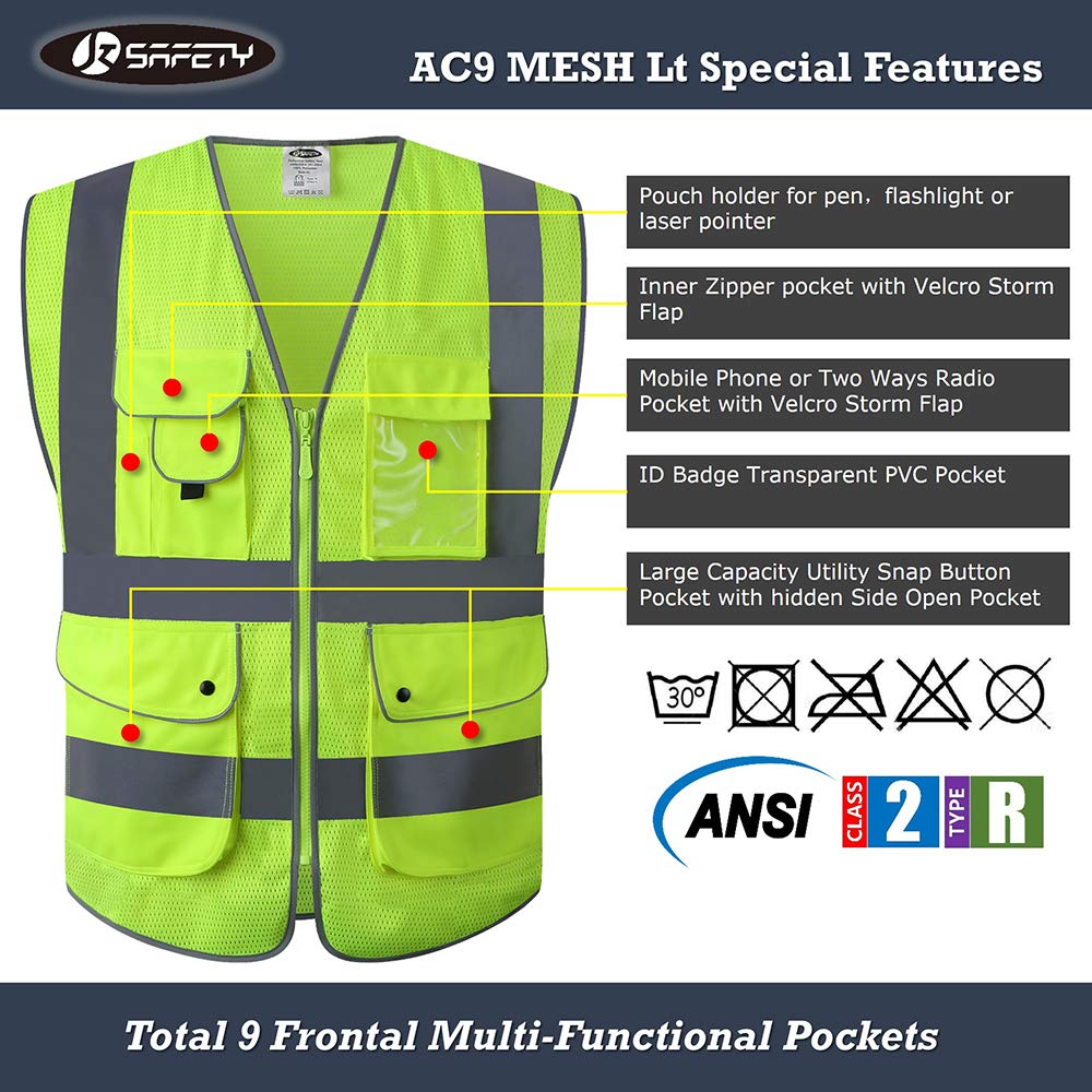 JKSafety 9 Pockets Class 2 High Visibility Zipper Front FAA Drone Pilot Safety Vest With Reflective Strips,HQ Breathable Mesh,Meets ANSI/ISEA Standards(210-Drone-Yellow XL)
