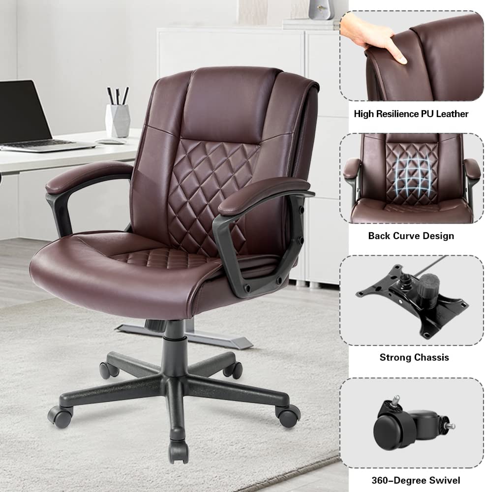 Qulomvs Executive Office Chair Mid Back, Ergonomic Office Desk Chair with Wheels Back Support, Computer Task Work Chair with Arms 360 Swivel (Brown)