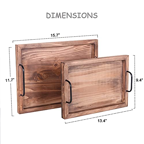 Ottoman Tray with Handles Set of 2 Serving Tray for Coffee Table Decorative Tray Rustic Rectangular Tray for Food Dinner Breakfast Kitchen Bedroom Living Room Housewarming Gift, Large & Small, Brown