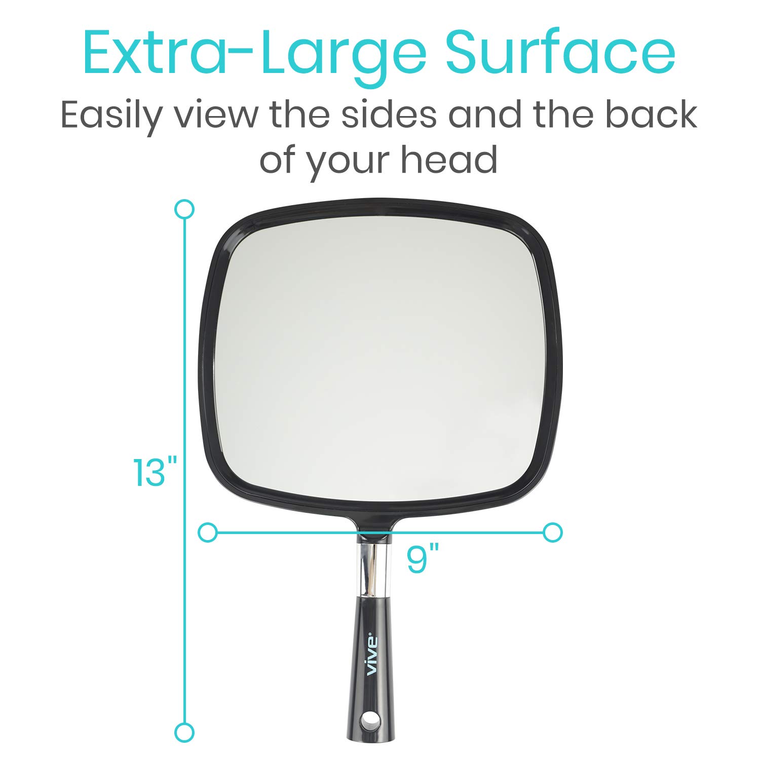 Vive Hand Mirror - Handheld Mirror with Handle - Extra Large Travel Portable Design - Makeup Mirror, Hair, Bathroom, Shaving, Barber - Vanity for Women, Men with Paddle Handle - Black Plastic Tool