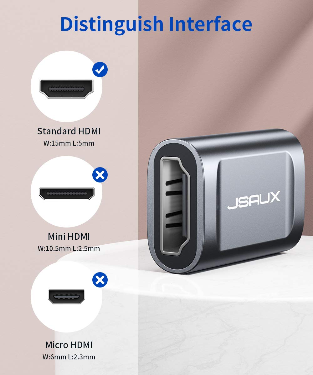 JSAUX HDMI Coupler Female to Female 2 Pack, 4K HDR HDMI Extension Connector Adapter Aluminum Alloy for HDTV, Roku Stick, Computer, PC, Monitor, Laptop, Projector, DVD Player, PS 4/3(Grey)
