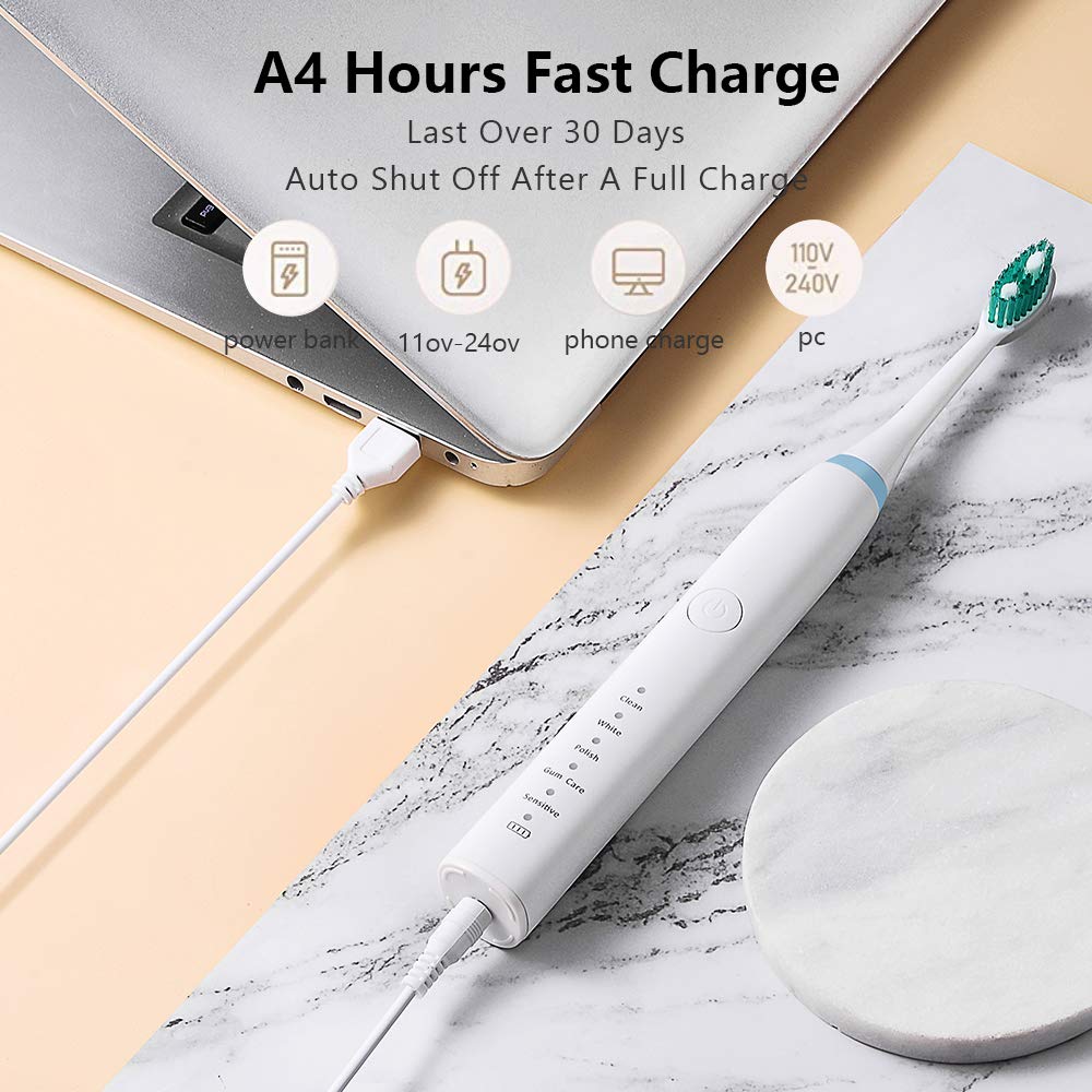 Sonic Electric Toothbrush Rechargeable for Adults, 2 Dupont Brush Heads & Travel Case Toothbrush Box, USB Charging Last 30 Days 5 Modes 3 Intensities Smart Timer (239 White)