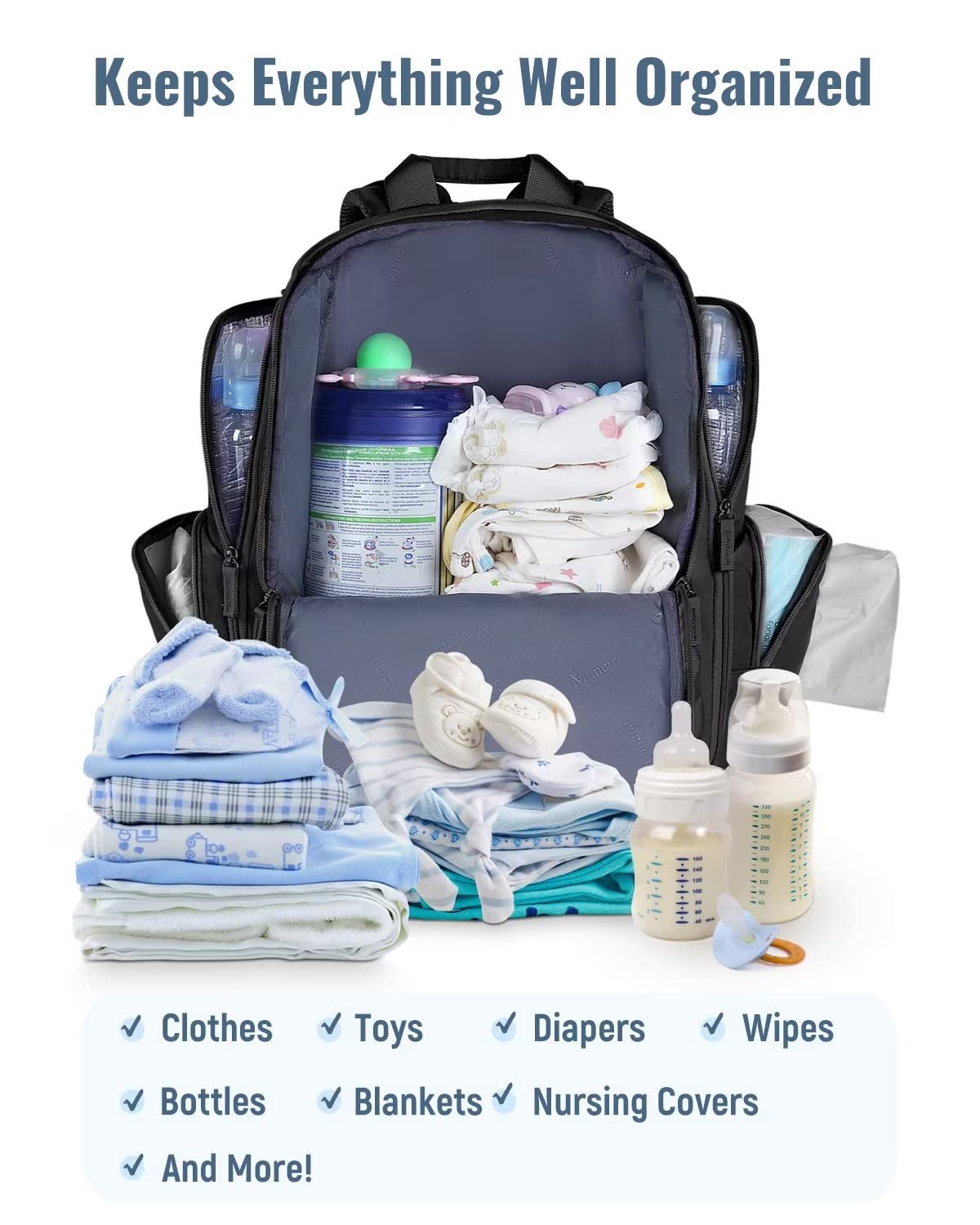 Mancro Diaper Bag Backpack, Multifunctional Dad Diaper Bag with 2 Side Insulated Pockets, Travel Water Resistant Baby Diaper Backpack for Men Women with Stroller Straps, Black