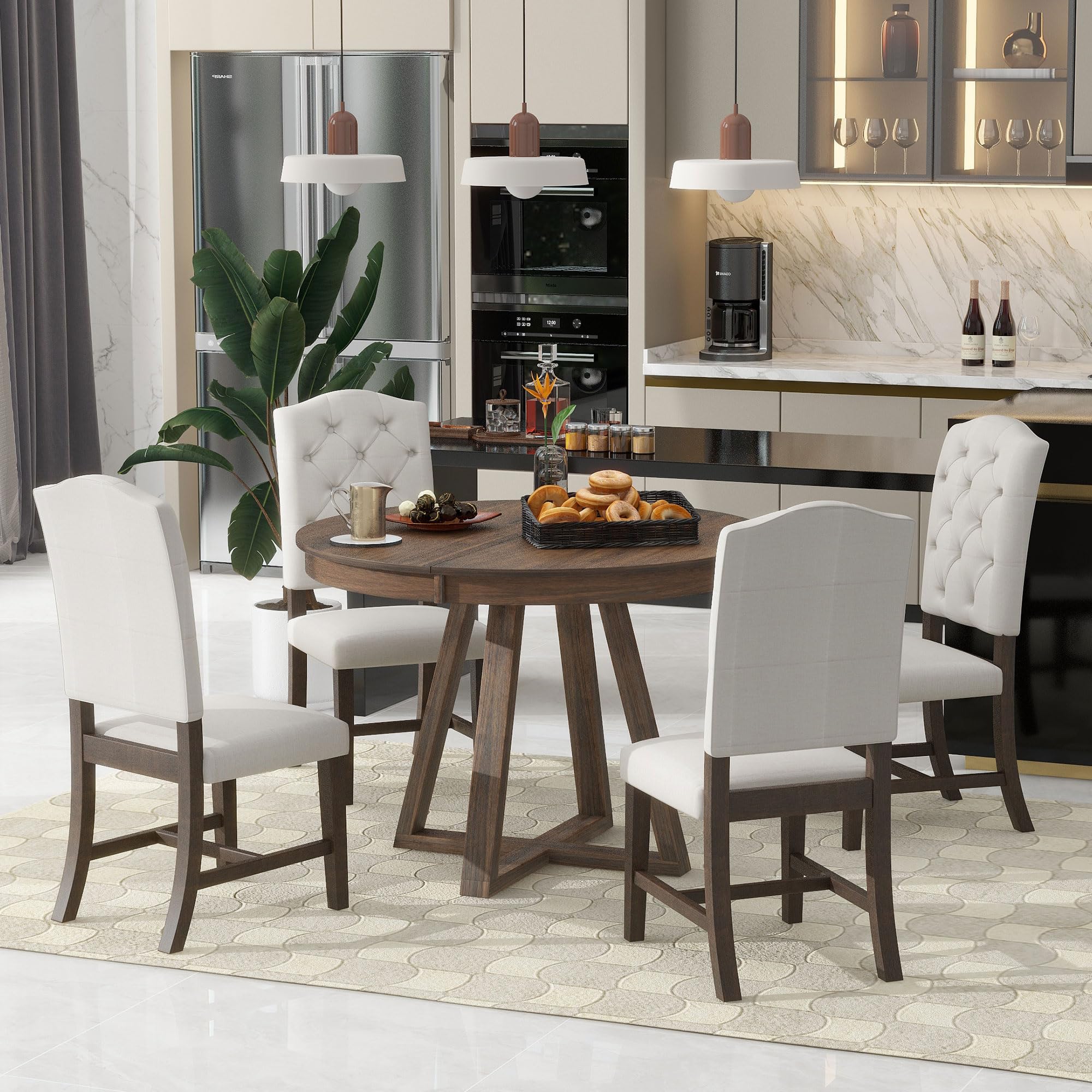 5-Piece Retro Functional Set, Extendable Round 16" W Leaf, 4 Upholstered Family Dinner Dining Room, 5pc Farmhouse Kitchen Table/Chairs for 4 (Walnut)