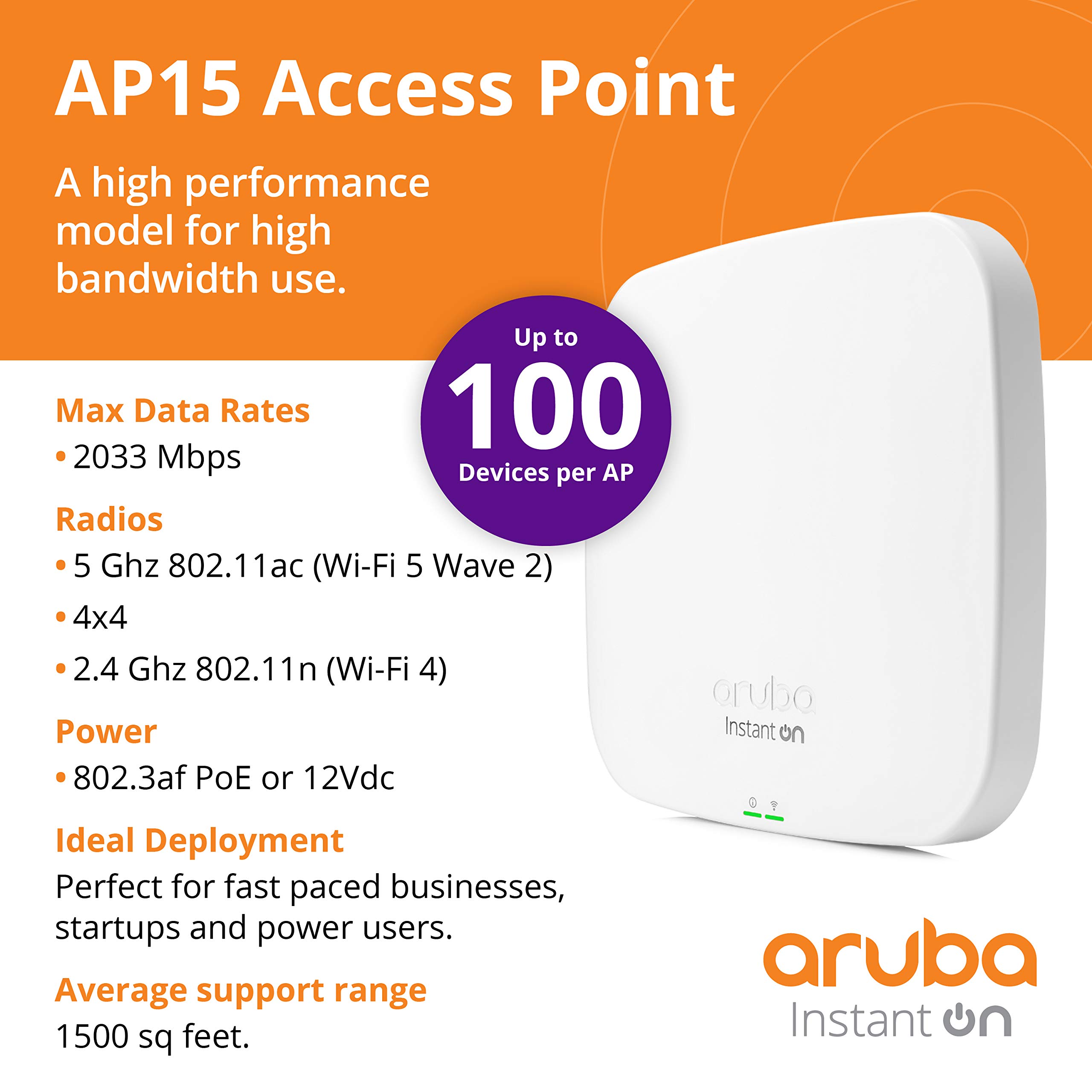 HPE Networking Instant On Access Point AP15 4x4 WiFi 5 Indoor Wireless Access Point | Power Source Not Included | US Model (R2X05A)