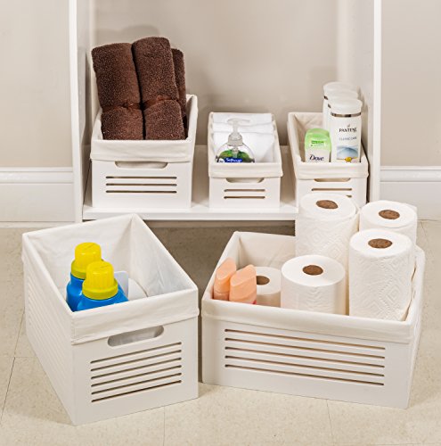 Bathroom Decor Box Toilet Paper Basket - Decorative Wooden Storage Bathroom Organizer, Vanity Storage Bin & Toilet Tank Basket Topper with Machine Washable Fabric Liner White, Extra Small