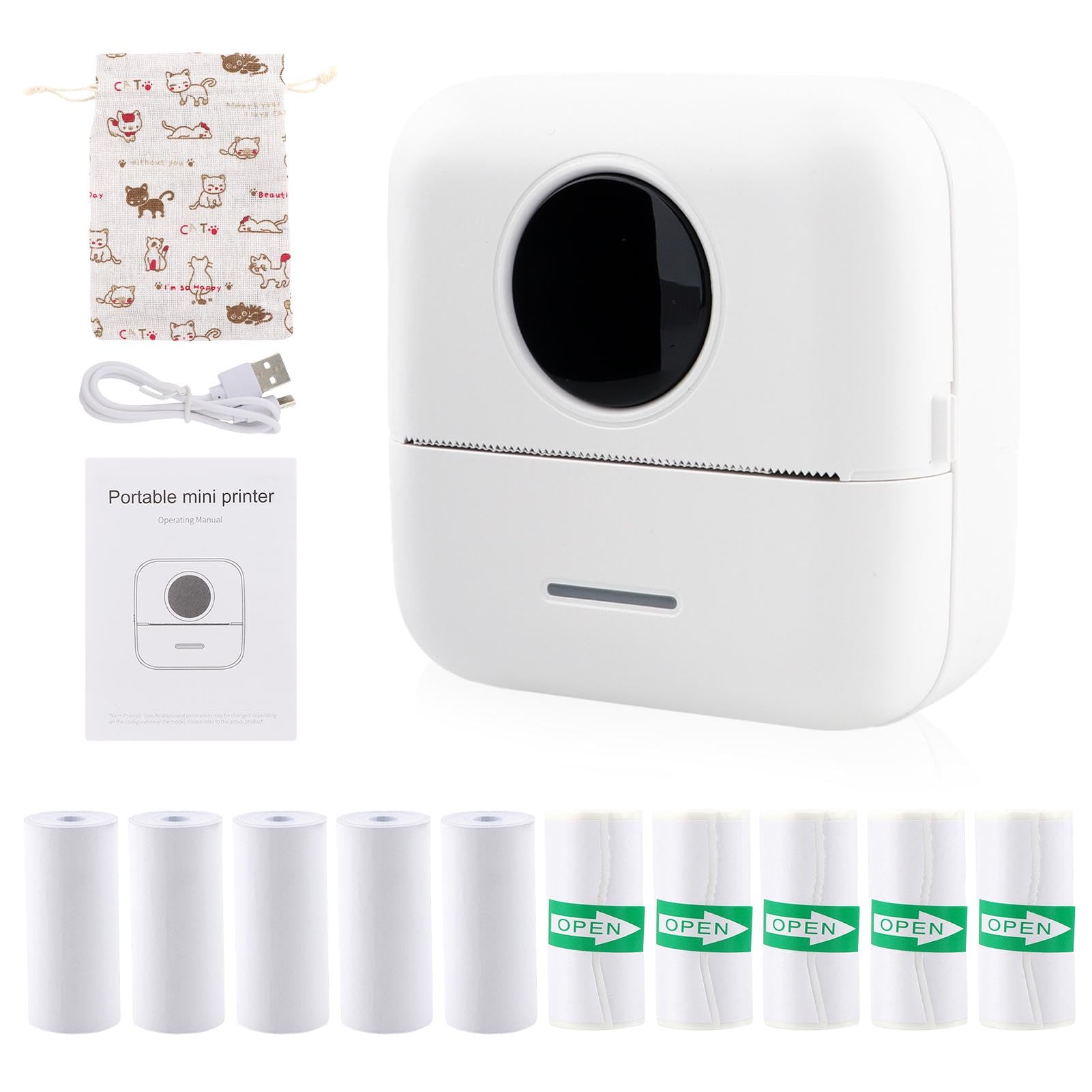 Kakalote Mini Sticker Printer, Label Makers, Sticker Printer Machine, Mini Portable Small Printer, Bluetooth Smart Pocket Inkless Thermal Printer, with Rolls Thermal Paper and Sticker, White