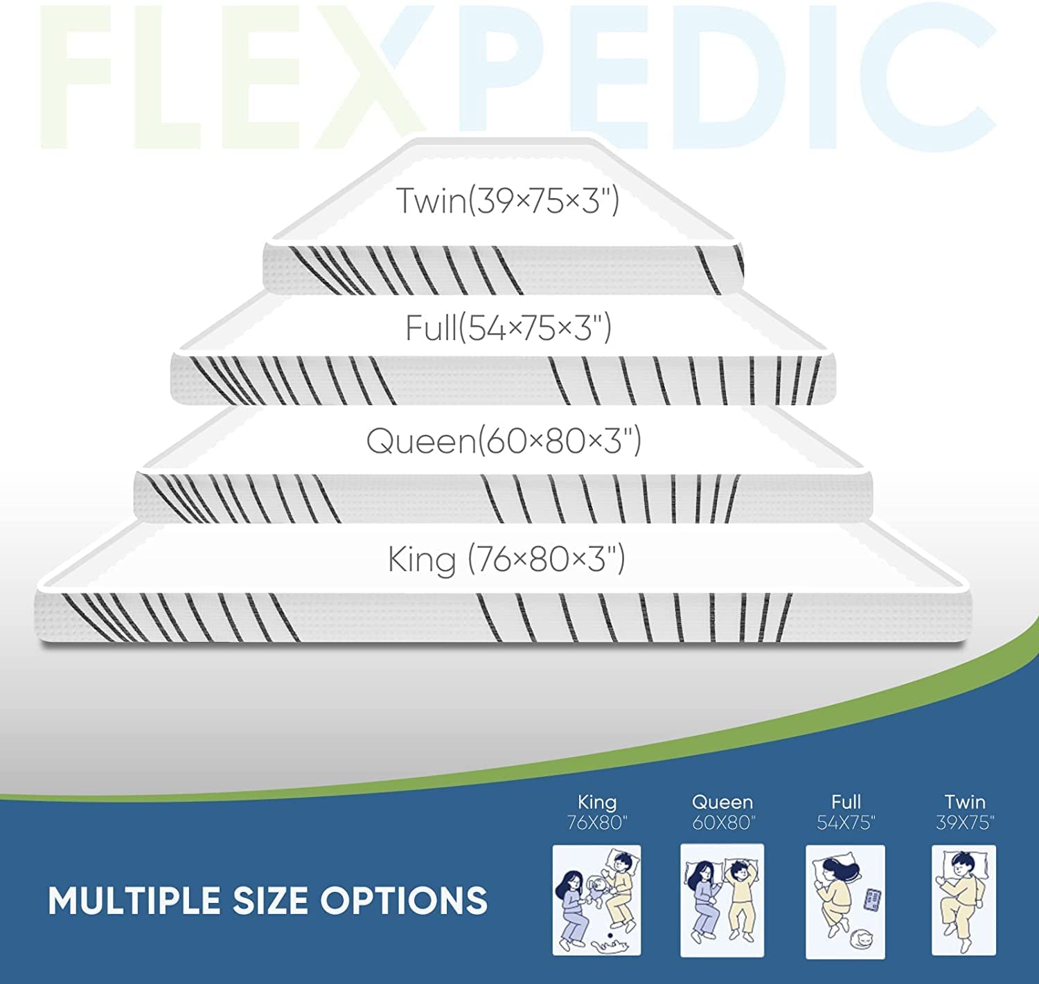 FLEXPEDIC 3D Breathable Mesh Cover and Coconut Shell Carbon Twin Memory Foam Firm Mattress Topper 3 Inch, Double-Sided Cooling Pad with Non-Slip Ventilated Cover, Pressure-Free Mattresses Toppers