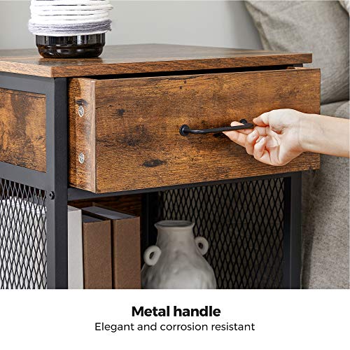 VASAGLE VINCYER Nightstand, Bedside Table, with 1 Drawer and Open Compartment, Steel Frame, Industrial, 17.7 x 17.7 x 21.7 Inches, Rustic Brown