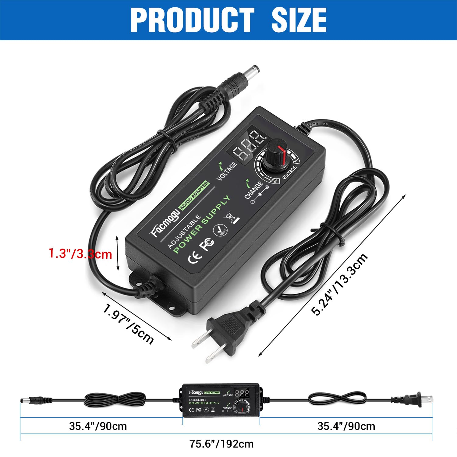 Facmogu 3V-12V 5A 60W Adjustable Power Supply with LED Display, Variable DC 3V 5V 6V 9V 12V Universal AC/DC Adapter, 100V-240V AC to DC 3-12V Switching Power Converter Multi-Voltage Regulated Adaptor