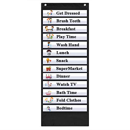 EAMAY Daily Schedule Pocket Charts, Teacher Schedule Chart with Resuable 18 Custom Cards, Classroom Pocket Chart for School Office or Homeschool Activities, Black