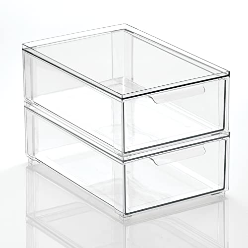 mDesign Plastic Stackable Kitchen Storage Organizer Bin Containers with Front Pull Drawer for Cabinet, Pantry, Fridge, Freezer, Shelf, Refrigerator Organization - Lumiere Collection - 2 Pack - Clear