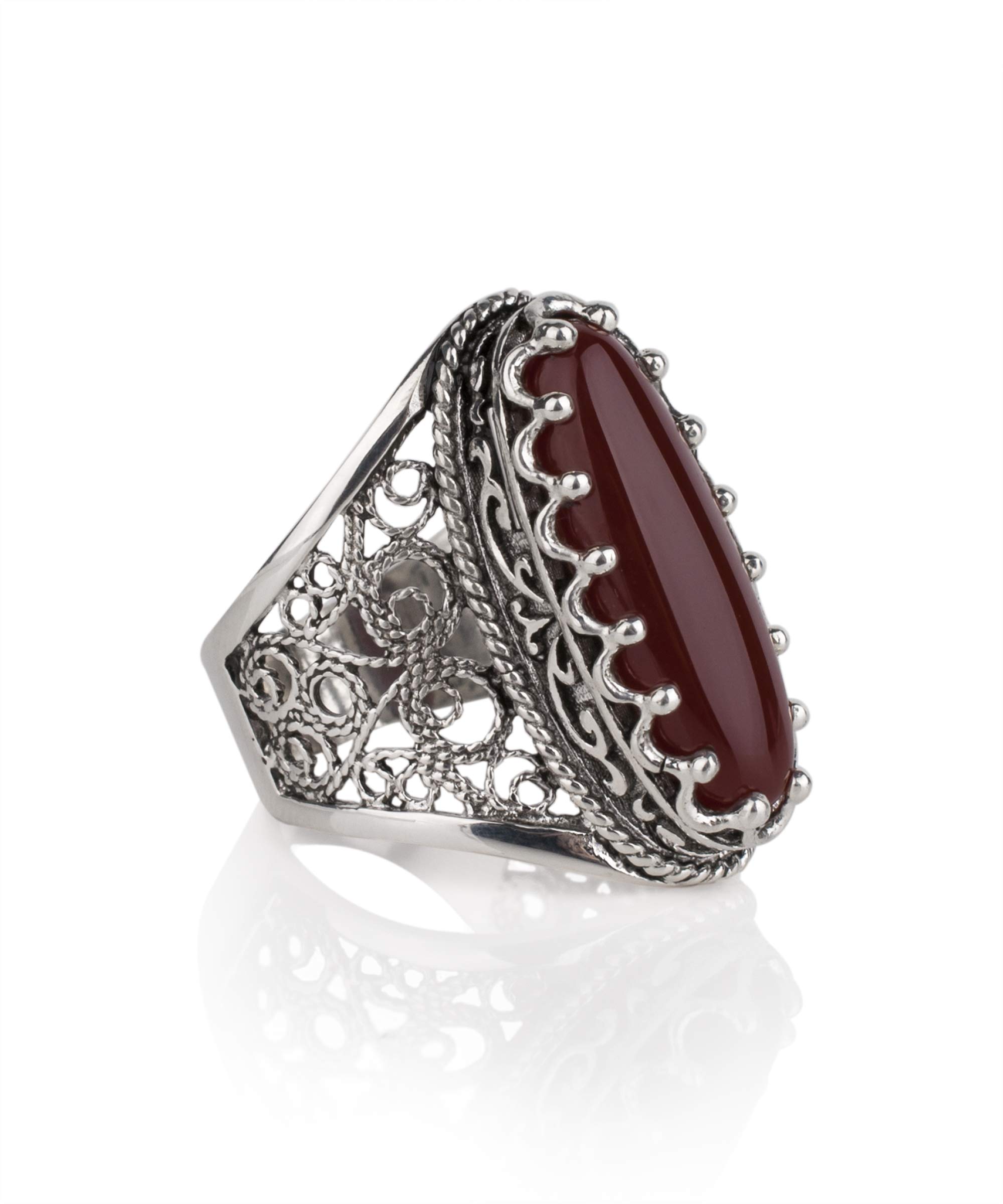 925 Sterling Silver Carnelian Filigree Elongated Statement Ring (Size 6-11) (8)