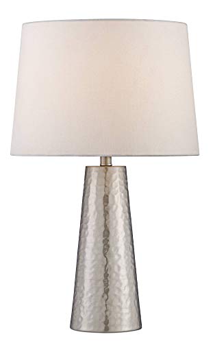 360 Lighting Modern Table Lamp with USB and AC Power Outlet Workstation Charging Base 25.75" High Silver Leaf Hammered Metal Off White Fabric Drum Shade for Living Room Bedroom Bedside