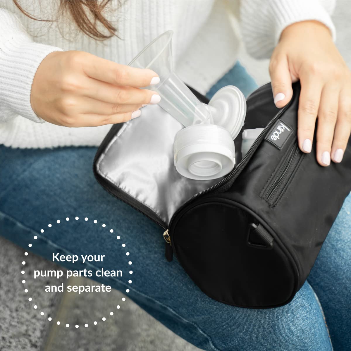 Kiinde Ariya Wet/Dry Bag for Storing Breast Pump Parts with Fold-out Mat, Keeps Pump Parts Clean, Black with Grey Waterproof Interior, Collapses Flat When Empty, Machine Washable