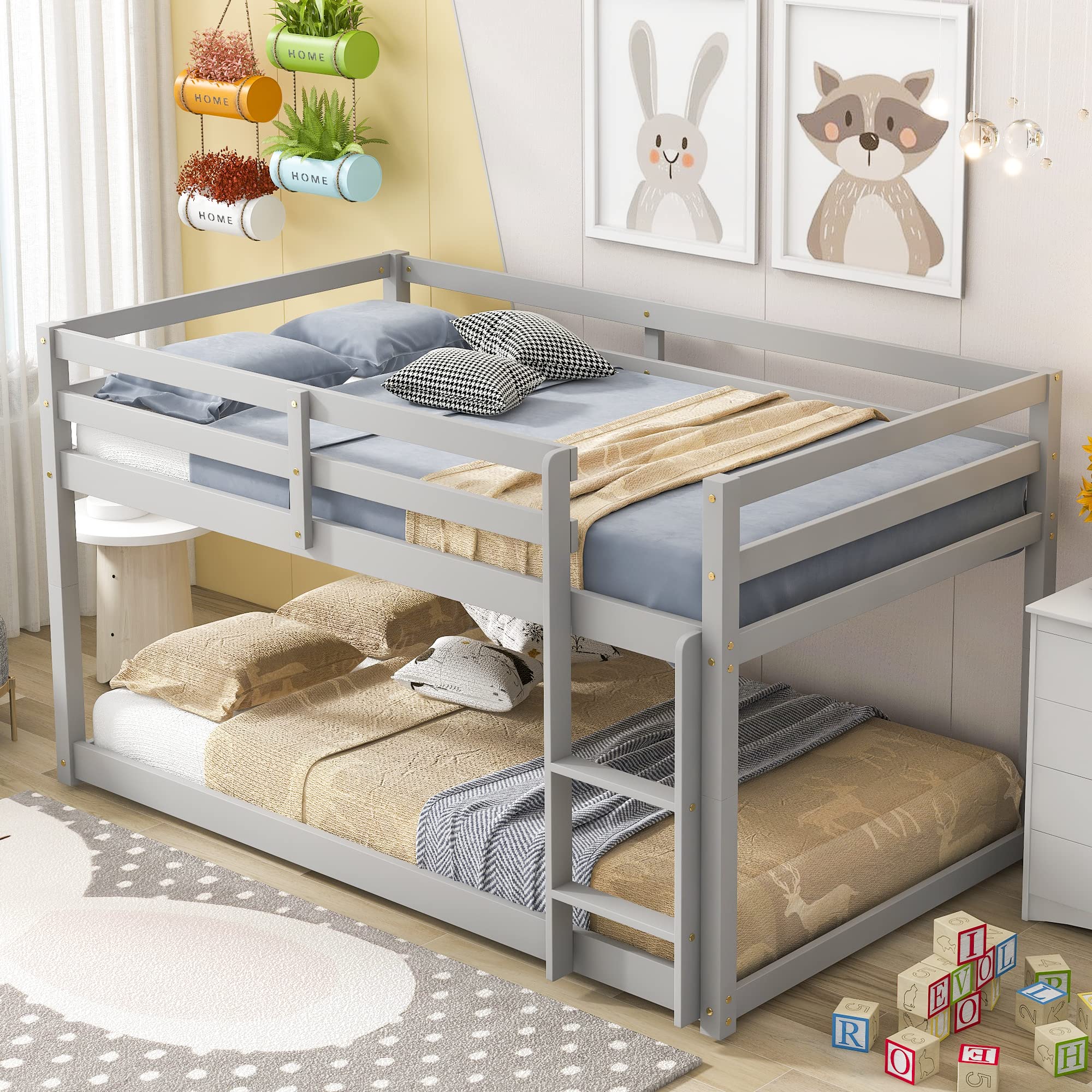ZJIAH Solid Wood Twin Over Twin Floor Bunk Bed w Ladder, Safety Guard Rails, Wooden Twin Bunk Beds for Teens/Adults, Low Bed Frame Bedroom Furniture, No Spring Box Required
