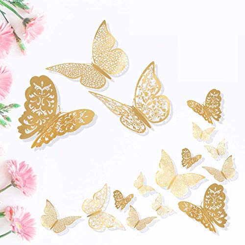 ForTomorrow Butterfly Wall Decals Gold Metallic Paper 3D Home Decor Art Stickers DIY Man-Made Decorative Murals for Living Room Kids Girls Bedroom Nursery Party