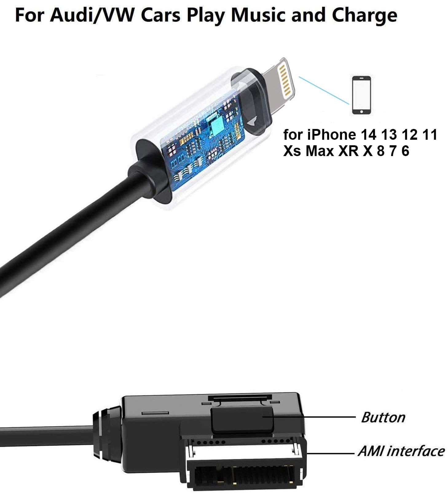 Car Audio Charging Adapter Cord Compatible with Apple iPhone 14 13 12 11 Xs Max XR X 8 7 6 for Audi A3/A4/A5/A6/A8/S4/S6/S8/TT, AMI MMI MDI Aux Interface Dongle for VW Tiguan CC Magotan
