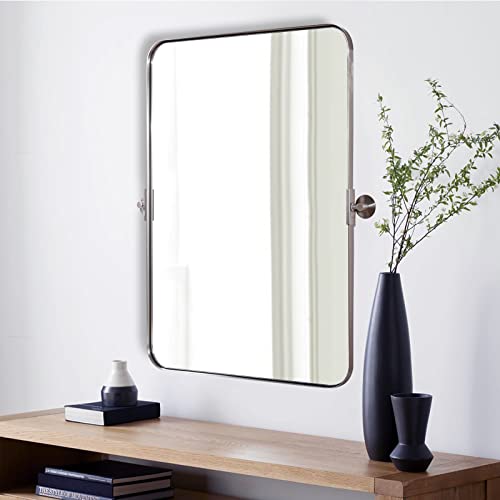 ANDY STAR 22"x34" Brushed Nickel Pivot Mirror for Bathroom, Silver Metal Frame Bathroom Mirrors for Wall,Rectangle Titling Vanity Wall Mirror with Rounded Corner Design Hangs Vertically Only