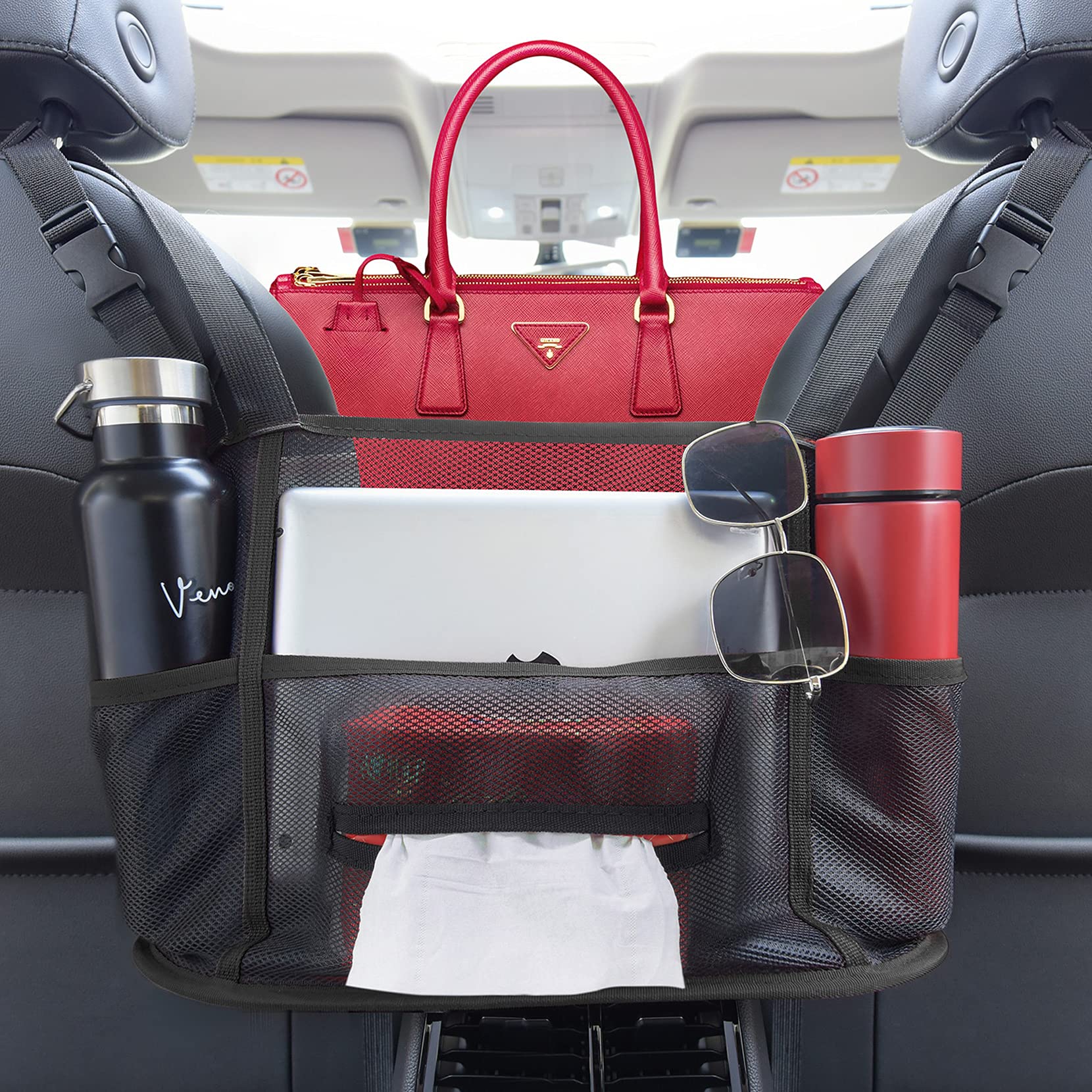 Car Handbag Holder with Extra Large Capacity, Viopic Newest 4 in 1 Car Net Pocket Handbag Holder, Strong Bearing Capacity over 20Kg, Sturdy Car Mesh Organizer for Phone, Documents, Barrier of Pet Kids