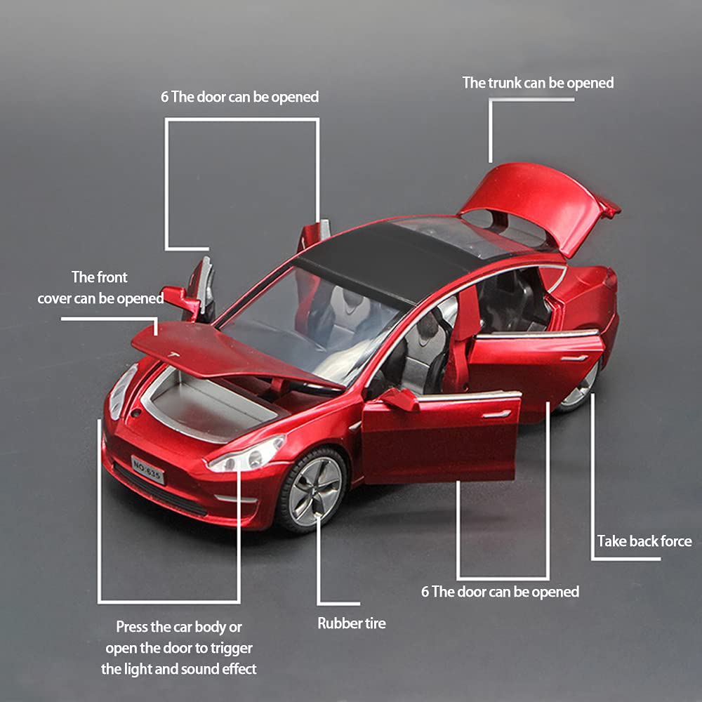 Car Model 3 1:32 Scale Alloy diecast Pull Back Electronic Toys with Lights and Sound, Mini Vehicles Toys for Kids Gift Tesla Car Lovers (Red)