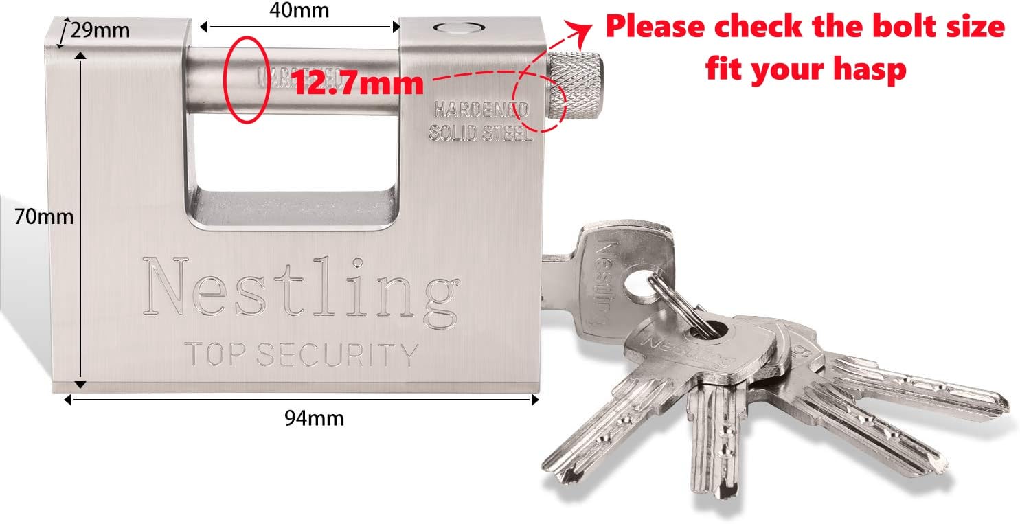 94mm Padlock with Key, High Security 5 Keys Heavy Duty 1.1 KG D-Shaped Solid Brass Outdoor Keyed Padlock - Protect Garage Door, Containers, Shed, Shutter, Gate and Warehouse