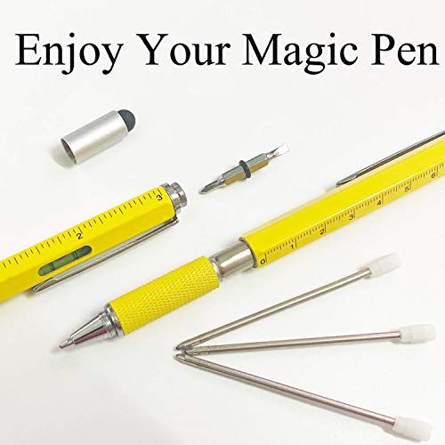 RENXING 6 in 1 Screwdriver Tech Tool Pen | Multitool Ballpoint Pens 0.7mm Ink | with 4 Refills | Touchscreen Stylus | cm inch Ruler and Levelgauge | Pocket Gadget Kit for Men Women Girls Boys, Yellow