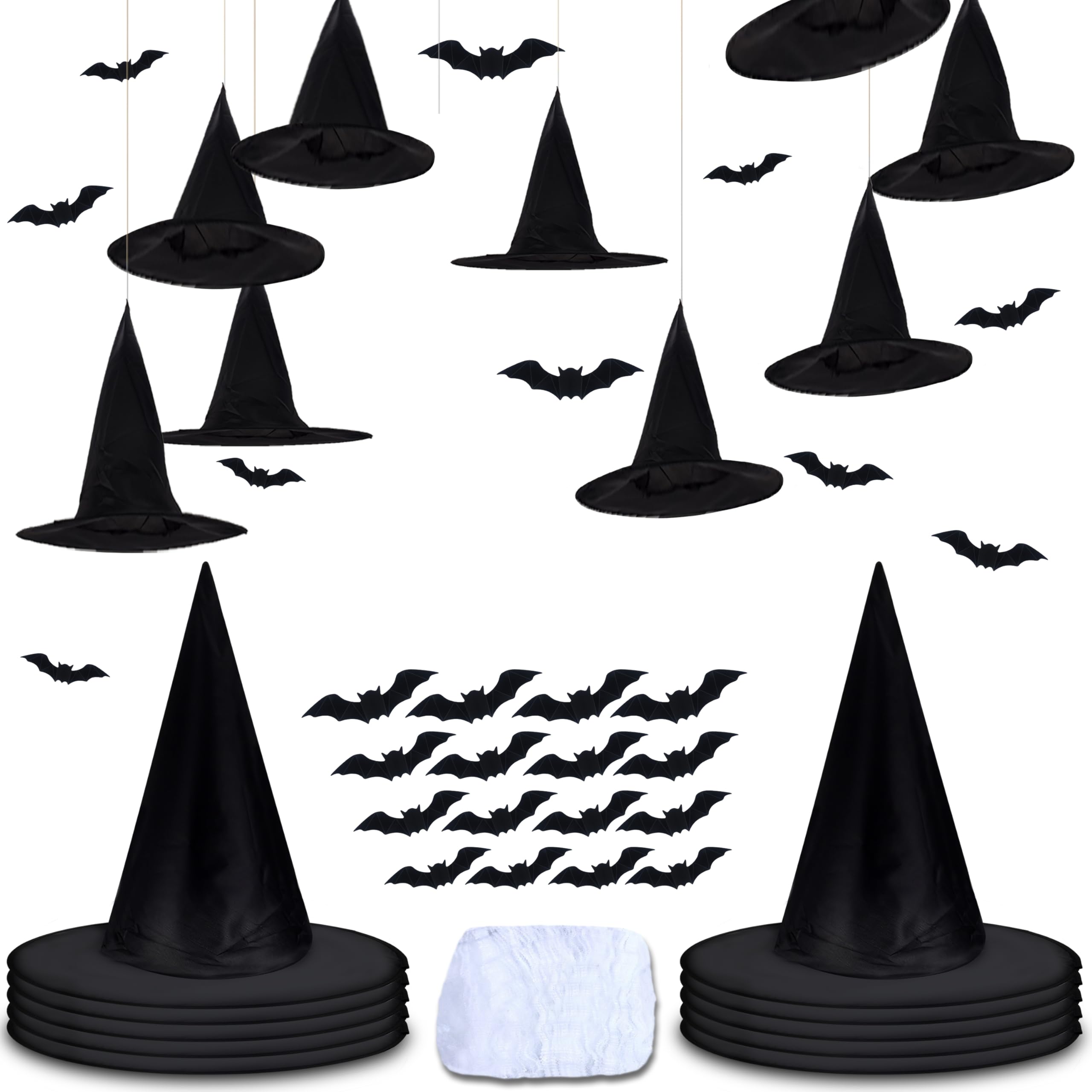 algpty 10 Pieces Halloween Witches Hats Black | Hanging Witch Hats Decorations with Spider Web and 16 Pieces Bats Decorations Costume Witch Accessories Halloween Decorations Decor Indoor Outdoor Yard
