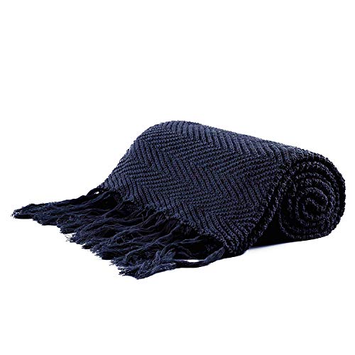 Longhui bedding Fringe Knit Cotton Throw Blanket, 50 x 60 Inch Decorative Knitted Cover with 6 Inches Tassels, Bonus Laundry Bag β 2.5lb Weight, Couch Blankets, Dark Navy Blue