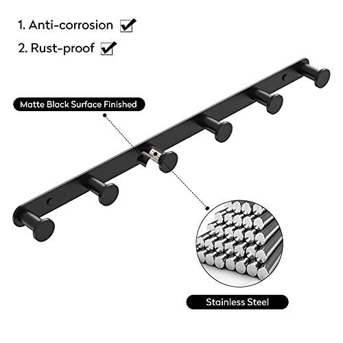 BigBig Home Black Towel Hook, Bathroom Wall Hook Rack with 6 Hooks Matte Bedroom Coat Hook Kitchen Robe Hanger Wall Mount