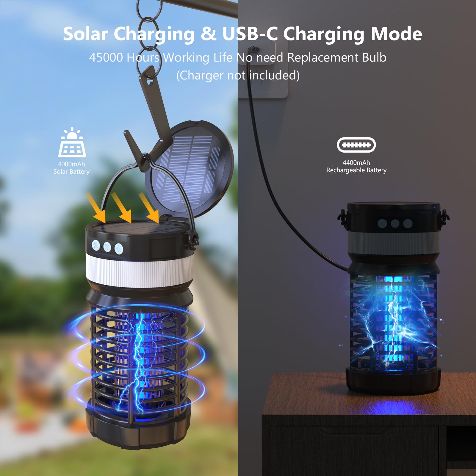 Solar Bug Zapper Outdoor, Mosquito Zapper, Electric Fly Zapper, Cordless & Rechargeable Mosquito Killer, Waterproof Fly Traps for Home Garden Patio Backyard Camping (1,Black2)