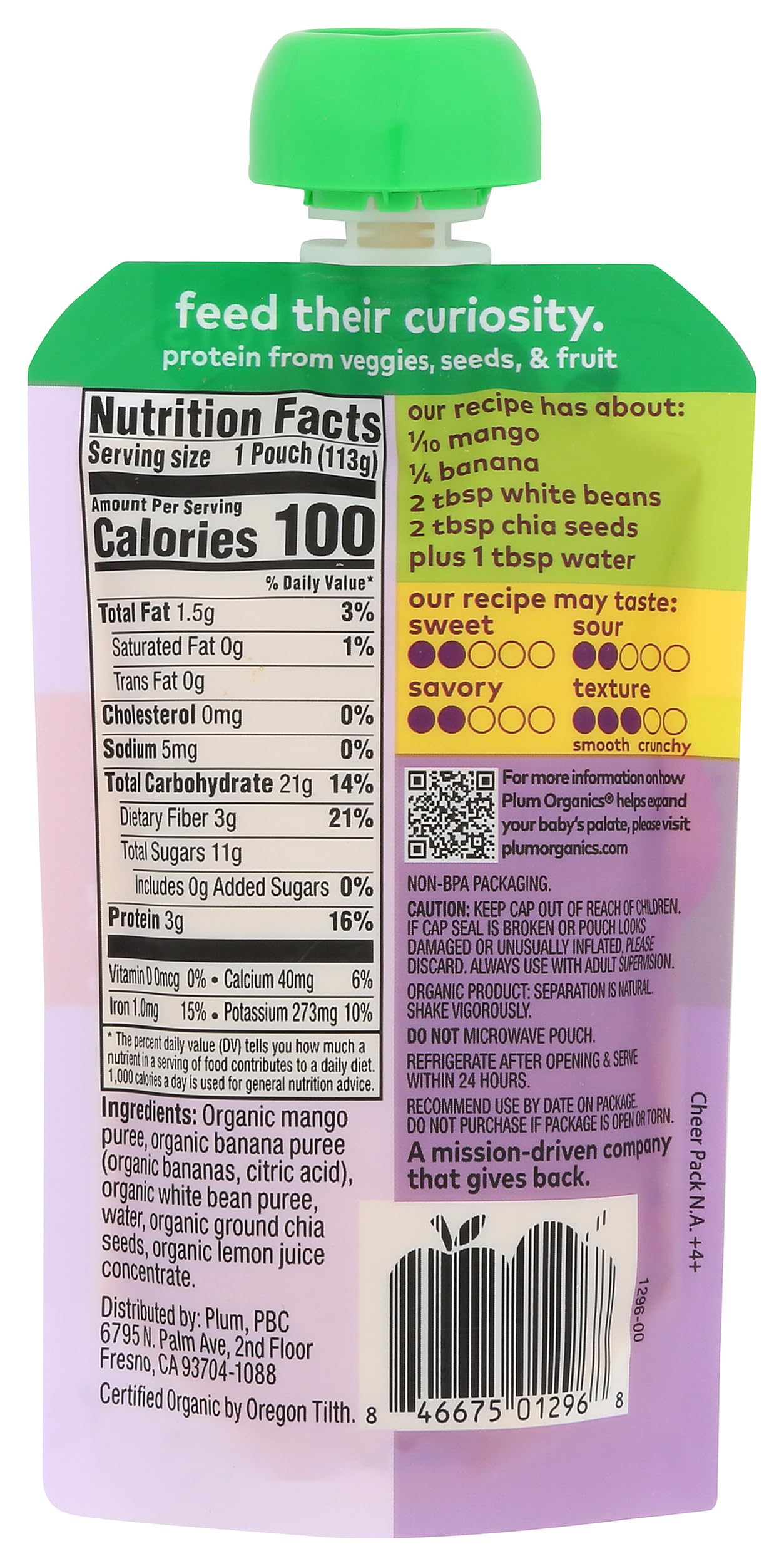 PLUM ORGANICS Organic Mighty Mango Banana Bean Sunbutter Chia, 4 OZ