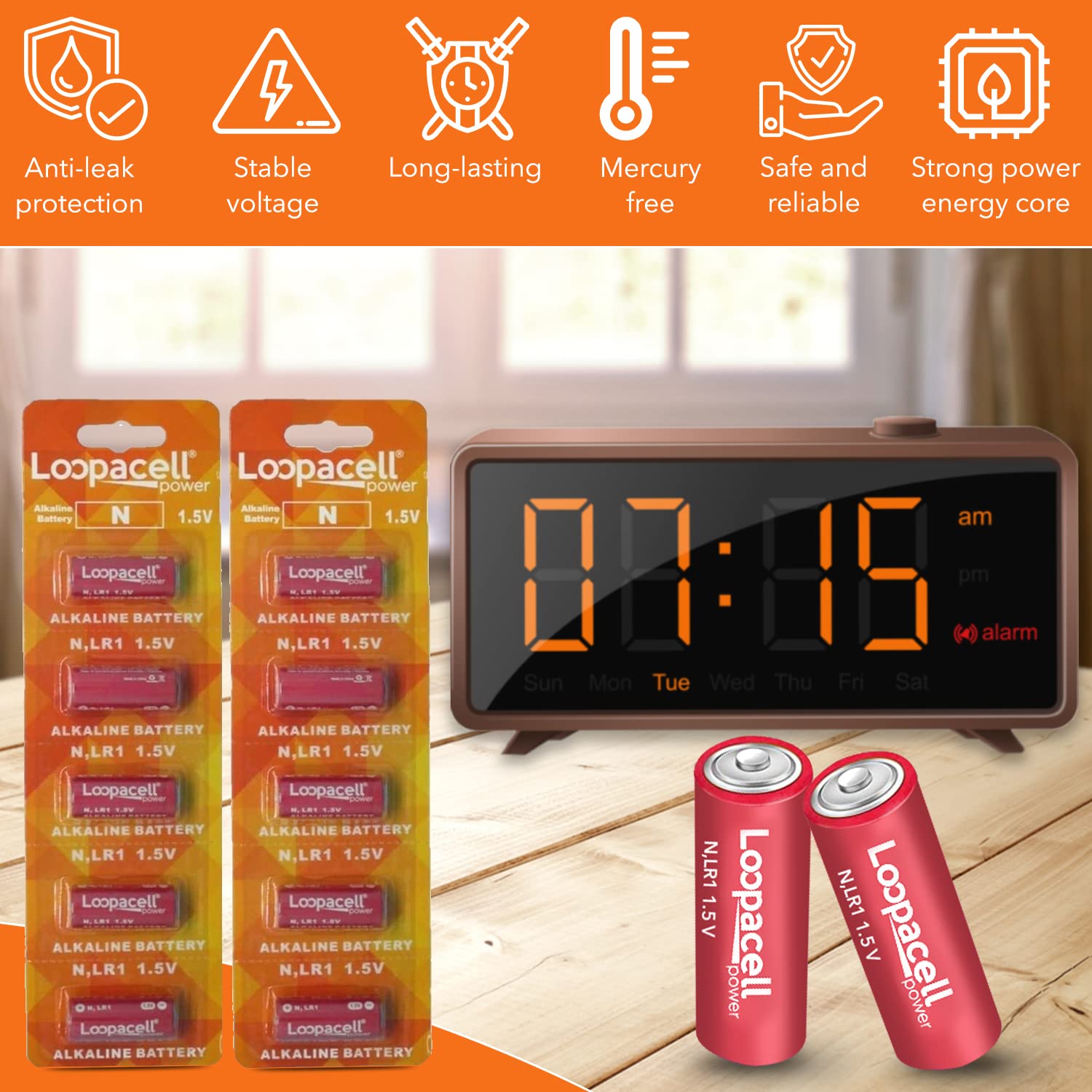 LOOPACELL E90 Alkaline Batteries, 1.5V, LR1 N Size (Pack of 10)