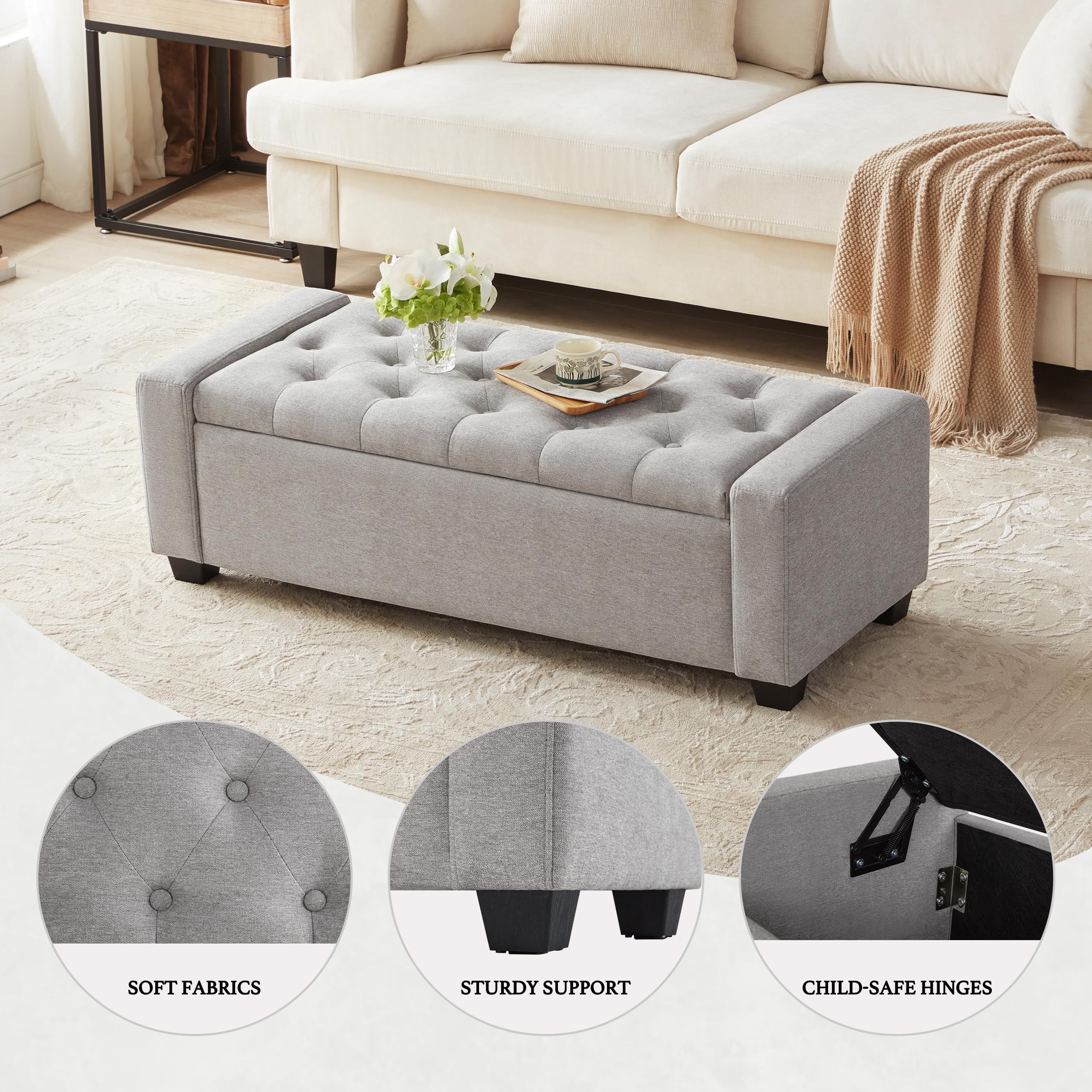 Huatean Home Ottoman with Storage, Storage Ottoman Bench with Safety Hinge, Upholstered Storage Bench with Seating for Bedroom, Living Room, Holds up to 330 lb(Light Gray)