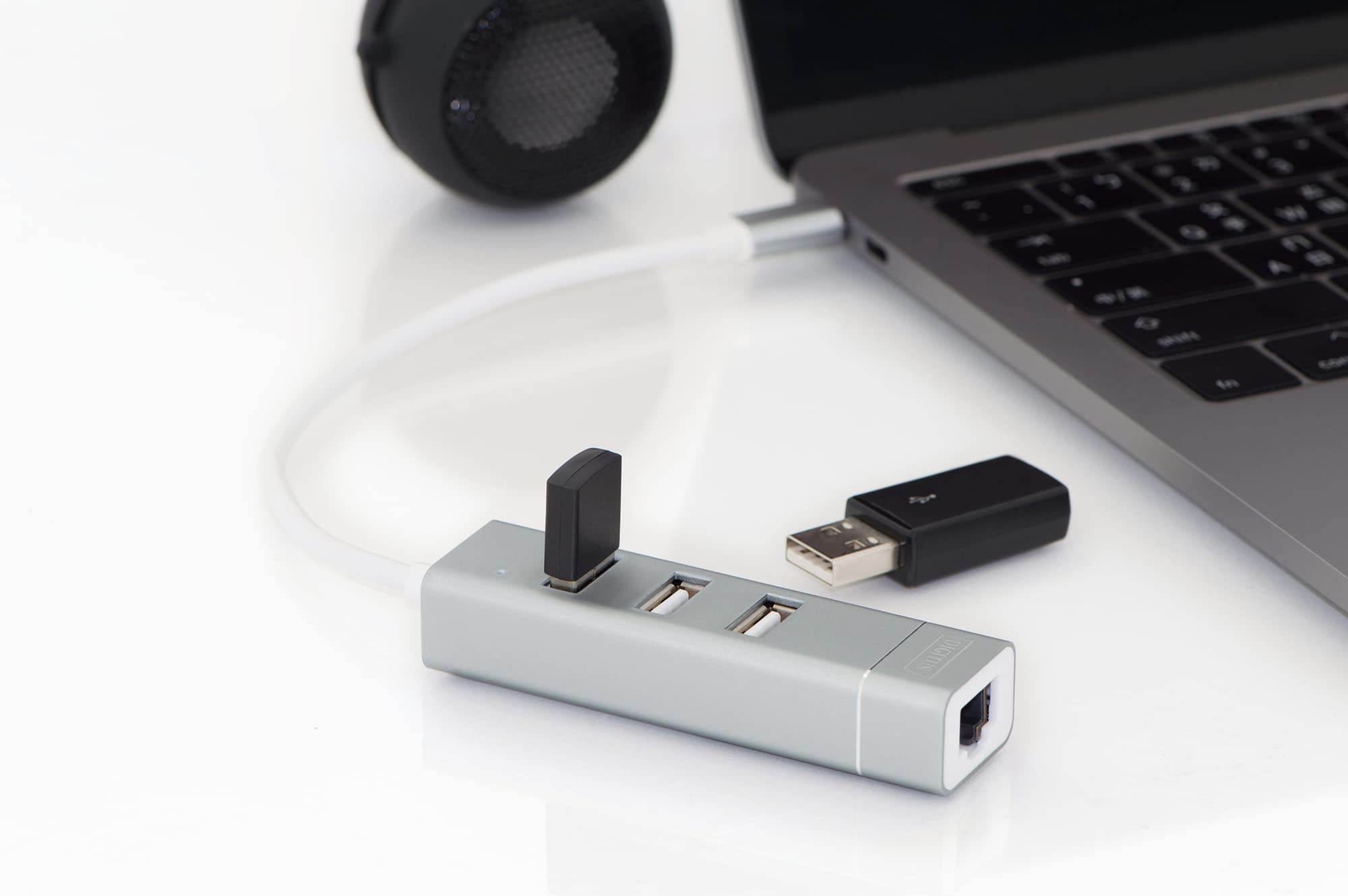 DIGITUS USB Type-C 2.0 Hub - with Fast Ethernet LAN Adapter - 3X USB-A Ports 480 Mbps - 1x RJ45 Port 100 Mbps - Plug & Play - Silver