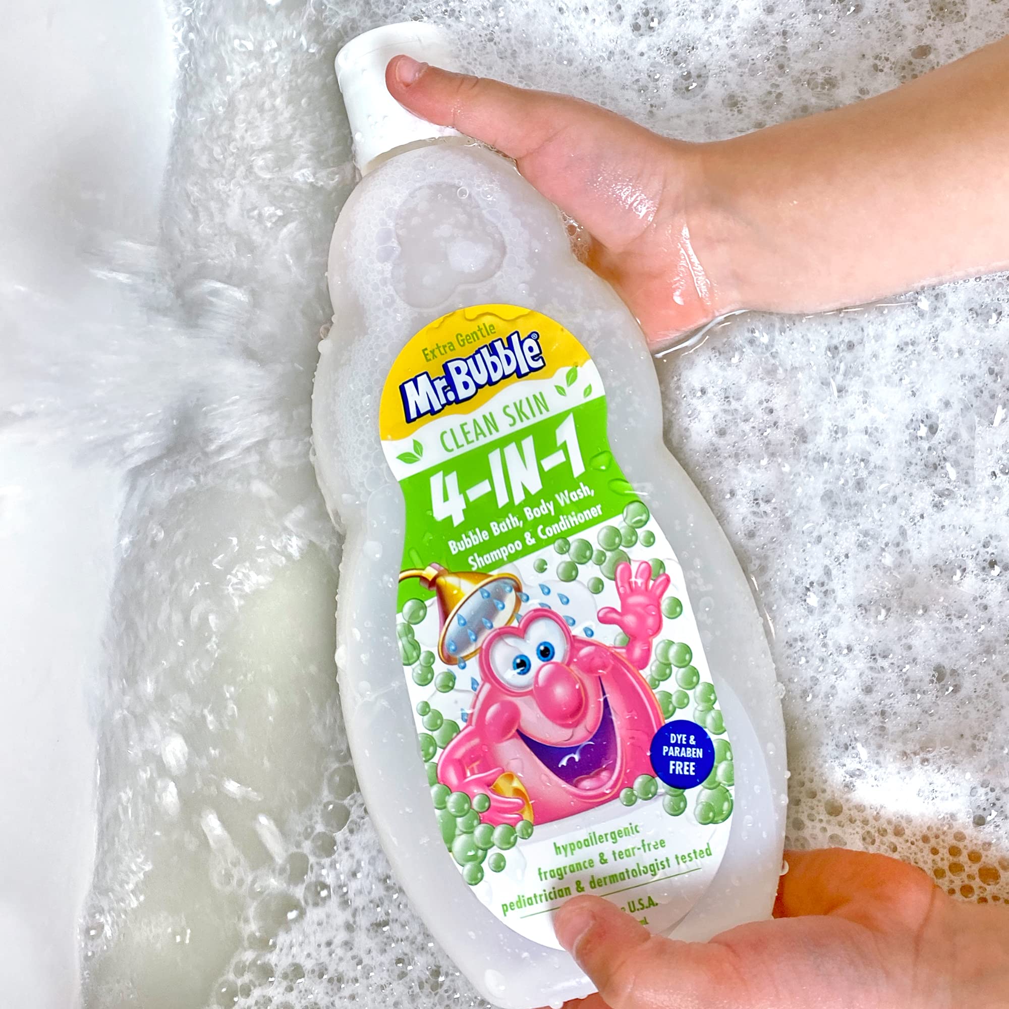 Mr. Bubble Kids Extra Gentle 4-in-1 - Body Wash, Shampoo, Conditioner, and Bubble Bath - Hypoallergenic, Non-Scented, Dye Free, No Tear Formula, Perfect for Sensitive Skin (4 Bottles, 16 fl oz each)
