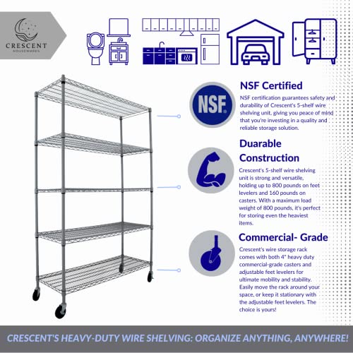 Crescent 4000 LBS 48L 18W 76H Epoxy Coated Gray, 5 Tier Racks for Storage, Heavy Duty Wire Shelving Rack with 4" Casters