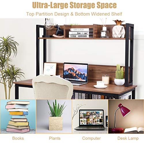 Tangkula Computer Desk with Hutch, Home Office Desk Study Writing Desk with Storage Bookshelves, Space Saving Computer Workstation for Home Office (Light Walnut)