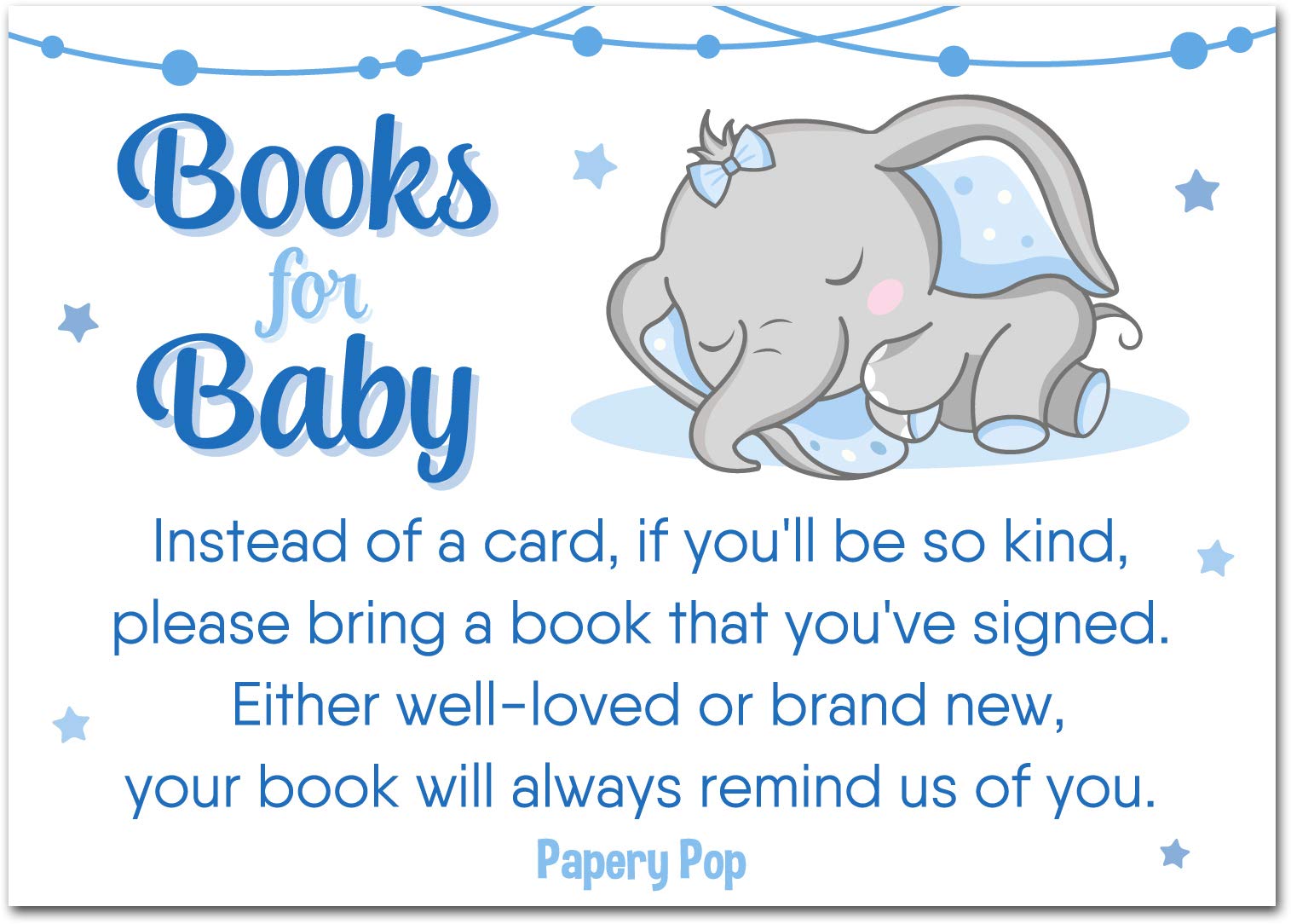 50 Books for Baby Shower Request Cards for Boy (50 Pack) - Elephant - Bring a Book Instead of a Card - Baby Shower Invitations Inserts Supplies