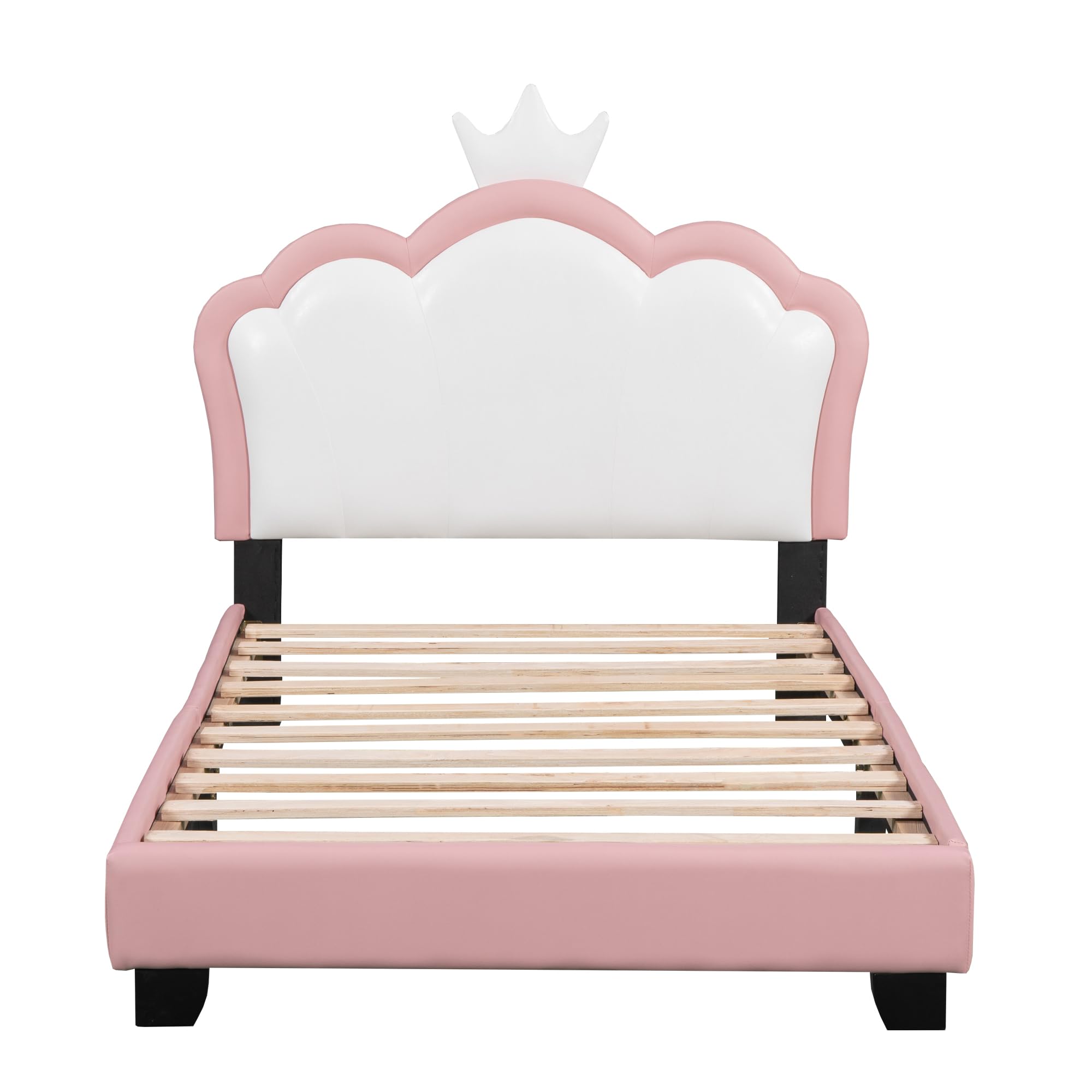 P PURLOVE Twin Size Upholstered Princess Bed for Girls with Crown Headboard,Twin Size Platform Bed with Headboard and Footboard,Cute Platform Bed Frame for Kids