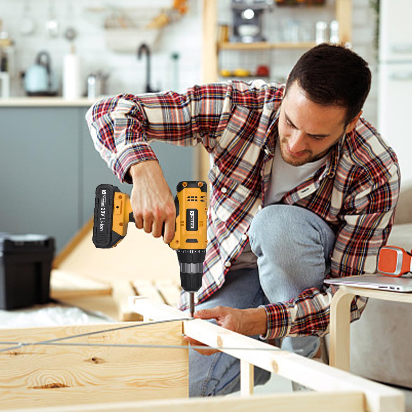 FADAKWALT Cordless Drill Set, 20V Electric Power Drill with Battery And Charger, Torque 30N, 21+1 Torque Setting, 3/8-Inch Keyless Chuck, Drill Driver Bits Kit, with LED Electric Drill Set. (Yellow)