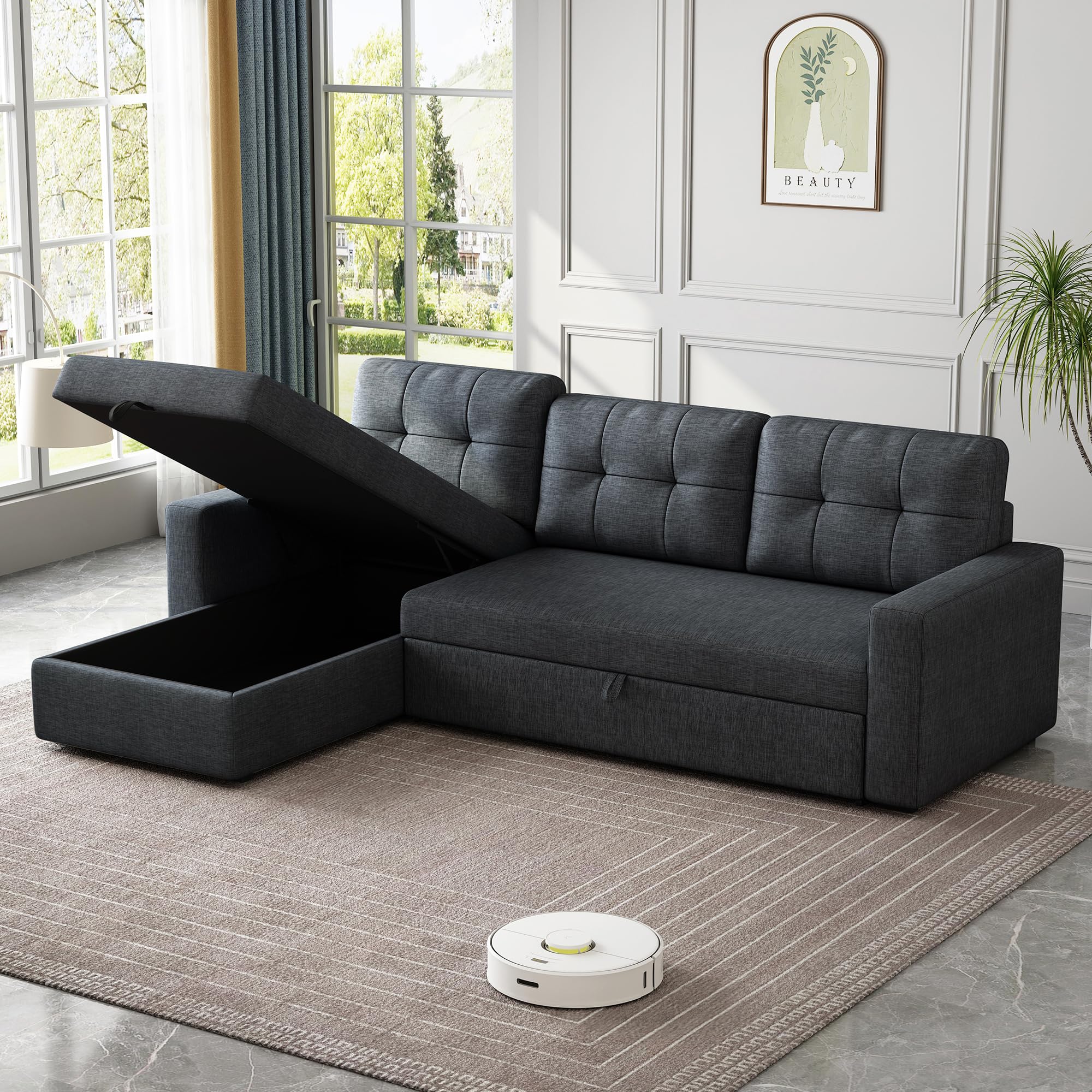 Acosure 82'' L-Shape Convertible Sleeper Sectional Sofa with Storage Chaise and Pull-Out Bed, Linen Upholstered Reversible Corner 3 Person Couch, for Living Room, Apartment