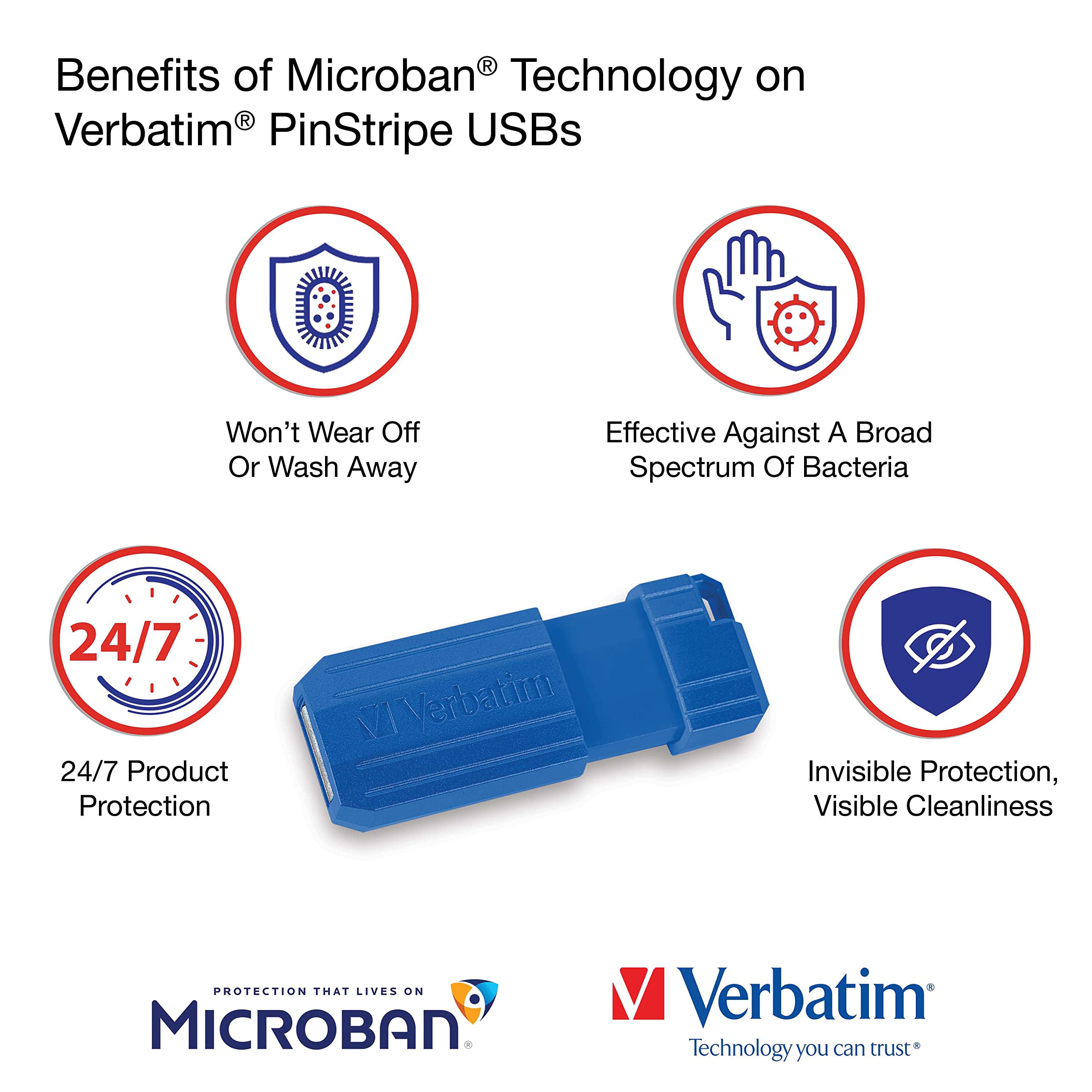 Verbatim 8GB Pinstripe USB 2.0 Flash Drive Retractable Thumb Drive - 5 Pack - Multicolor (Green, Blue, Red, Purple, Cyan)