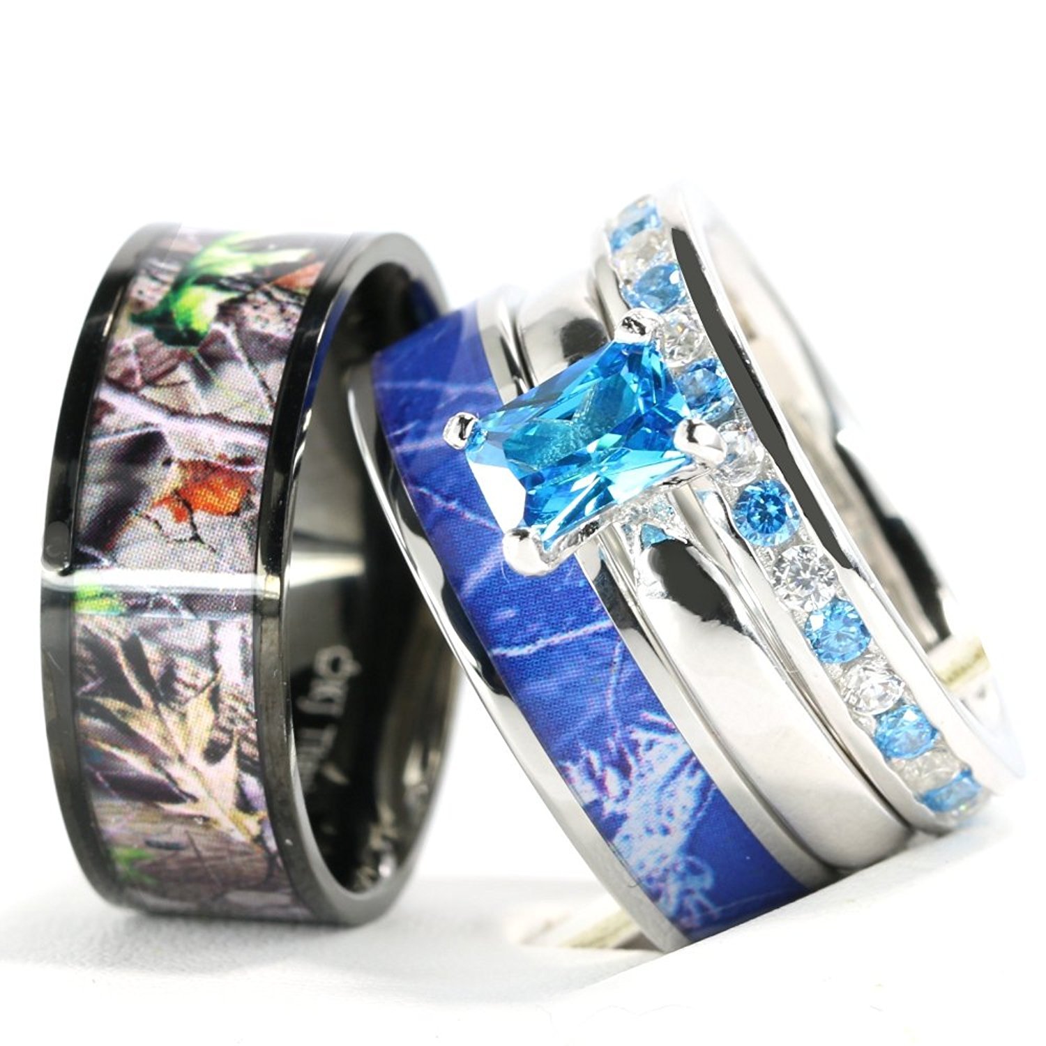 4pcs His Hers Camo Blue Radiant Stainless Steel Sterling Silver Wedding Ring Set (Size His 08, Hers 06)