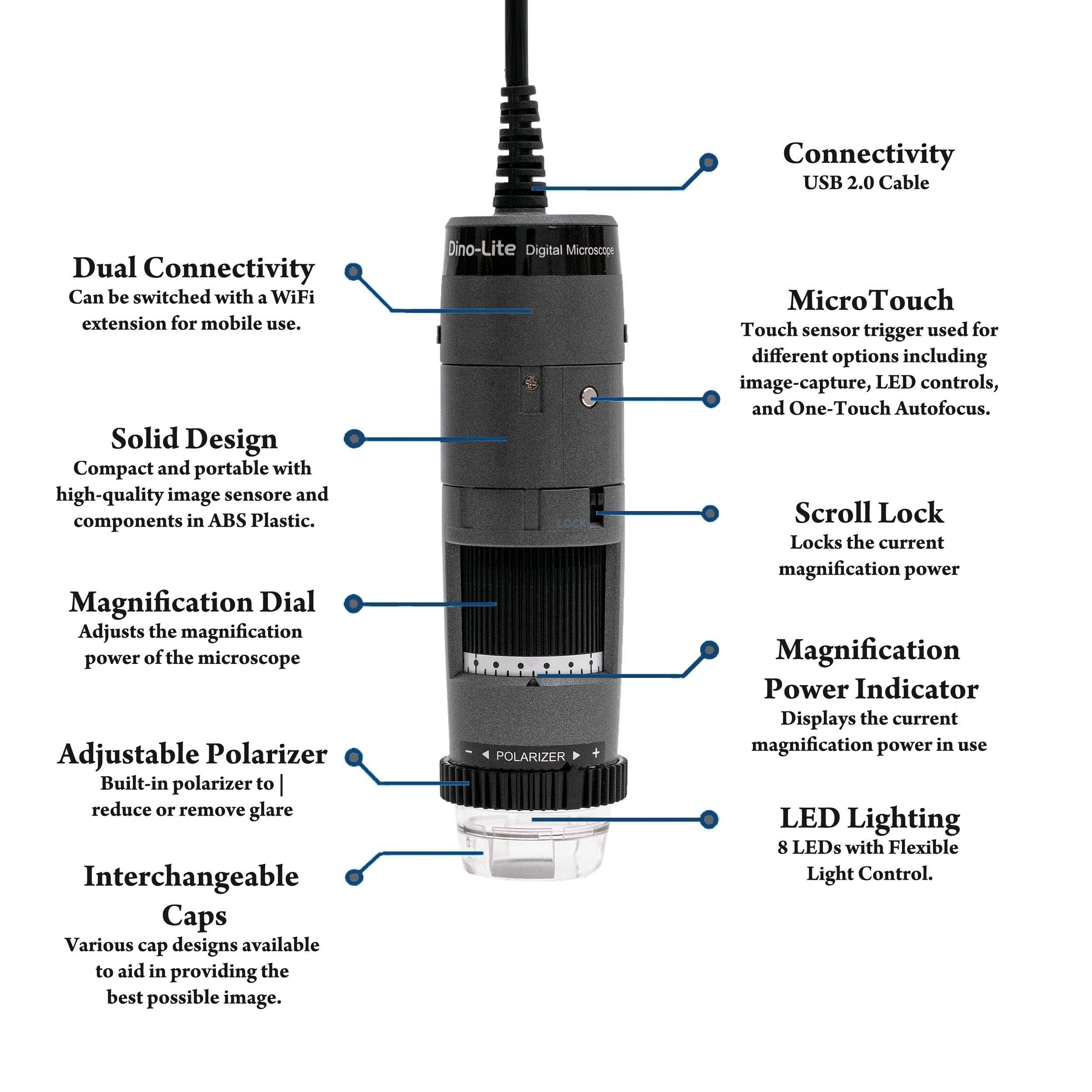 Dino-Lite USB Digital Microscope AF4915ZTL - 1.3MP, 10x - 140x Optical Magnification, Measurement, Polarized Light, AMR, EDOF, Long Working Distance, WF-20 Compatible