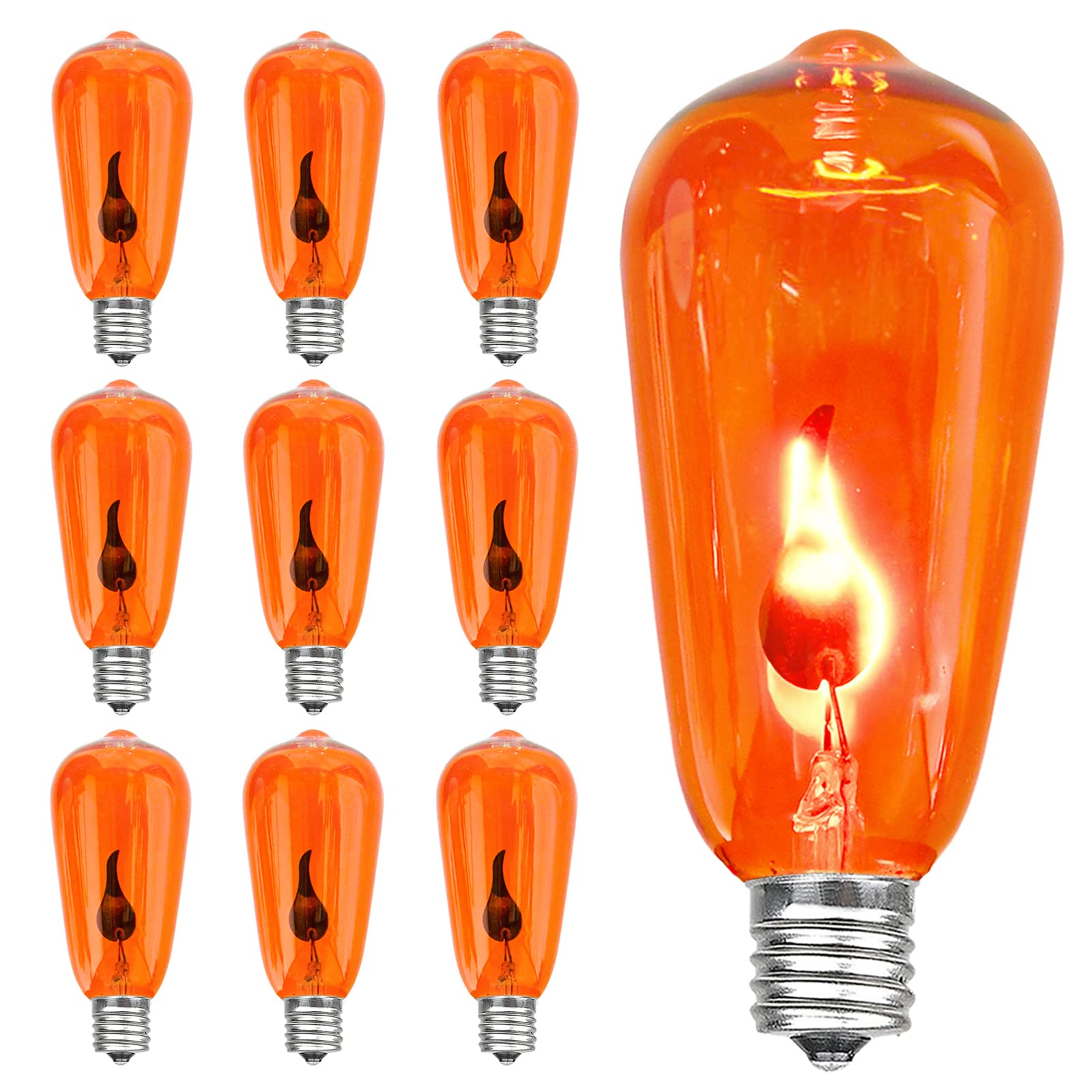 SUNSGNE Halloween Orange Flame Light Bulbs, 10-Pack E17 Flickering Flame Bulb ST40 Edison Flame Replacement Bulbs for ST40 String Lights Halloween String Lights, 1 Watt- E17 Intermediate Screw Base